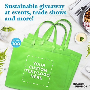 DISCOUNT PROMOS Custom Jumbo Sized Tote Bags Set of 100, Personalized Bulk Pack - Reusable Grocery Bags, Shopping Bags, Promotional Item Totes for Women - Lime Green