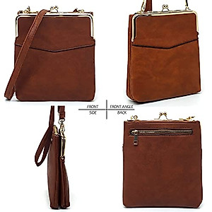 Fashion Kiss Lock Crossbody bag Double Compartment Crossbody Bag Multi Pocket Crossbody bag Satchel Purse (Brown)