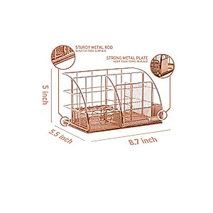 rosework Rose Gold Desk Organizer for Women, Mesh Office Supplies Desk Accessories, Features 5 Compartments + 1 Mini Sliding Drawer