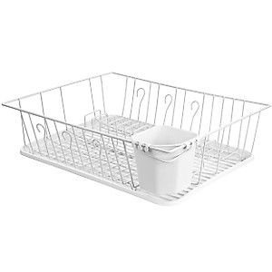 Megachef Chef Single Level Dish Rack with 14 Plate Positioners and A Detachable Utensil Holder, White DR-102 Silver