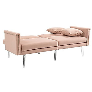 FULife 65" Mid Century Modern Velvet Upholstered Futon Sofa Split Back Loveseat Convertible Sleeper Couch Bed Daybed,Folding Recliner with Armrest&2 Pillows for Living Room/Compact Space, Pink