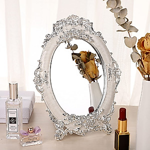 JUXYES Small Tabletop Dressing Mirror Vintage Metal Desktop Mirror with Stand, Antique Embossed Roses Countertop Makeup Mirror Retro Oval Cosmetic Decorative Mirrors for Table Centerpieces