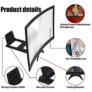 Emoly 12'' 3D Curve Screen Magnifier for Cell Phone, HD Amplifier Projector for Movies, Videos, and Gaming Foldable Phone Stand with Screen Amplifier for iPhone,All Smartphones (Black, 12 inch)