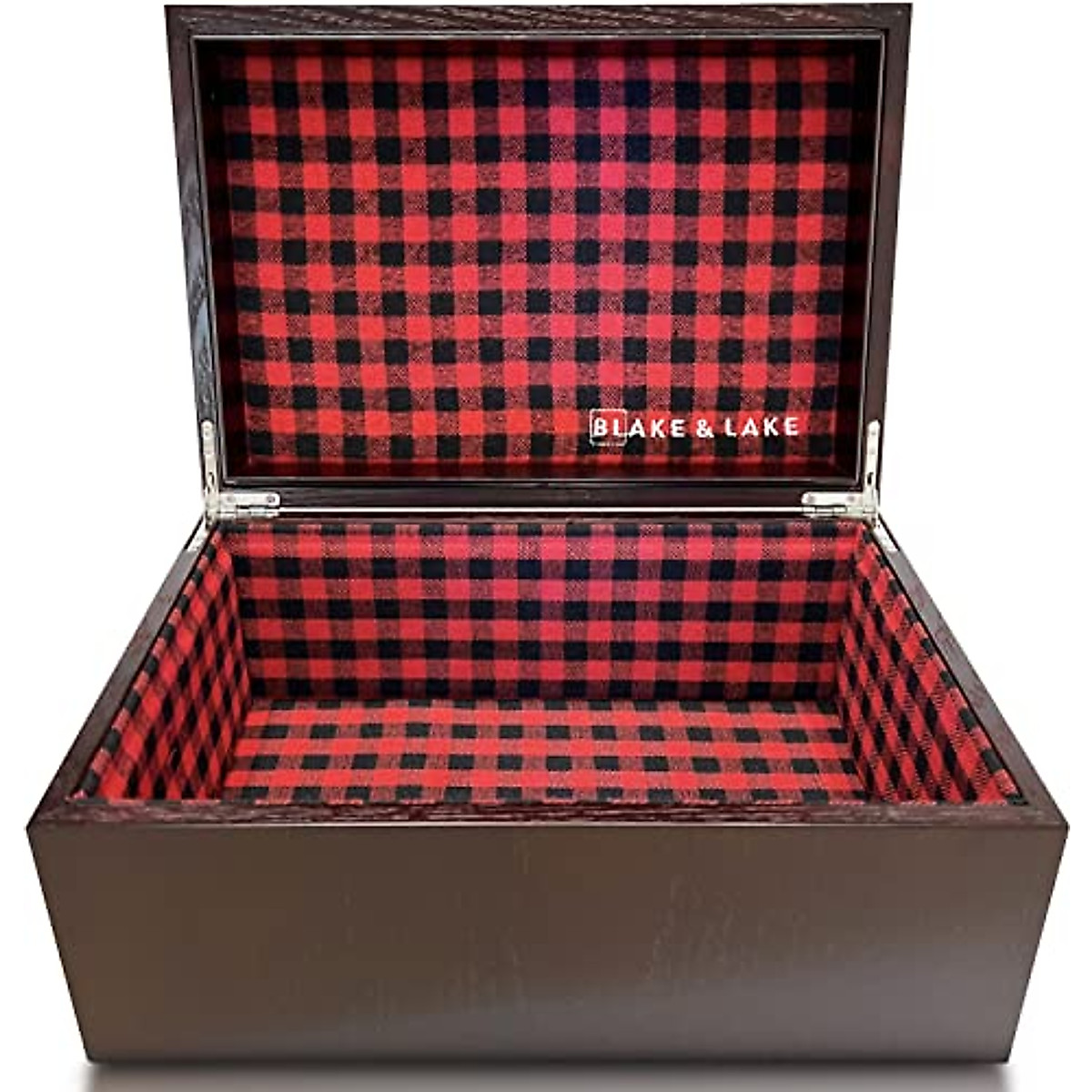 Large Oak Wooden Keepsake Box - Storage Box Lined with Buffalo Plaid - Wooden boxes with Hinged Lid - Decorative Box for Home Jewelry Baby (Hinge Box)