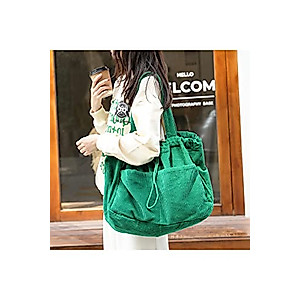Ulisty Women Large Capacity Corduroy Drawstring Tote Bag Pockets Shoulder Bag Casual Handbag Hobo Bag Shopping Bag red