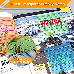 300 Sheets Lined Transparent Sticky Notes, 3x3 Inch 6 Colorful Clear See Through Translucent Self-Adhesive Post Memo Reminder Tabs with Line for Office Woman College School Students Classroom Supplies
