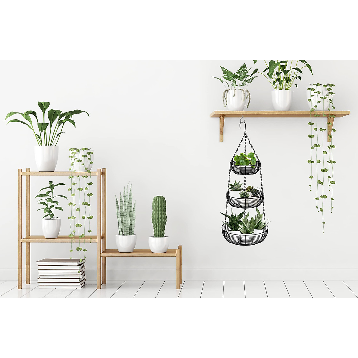 CAXXA 3-Tier Hanging Basket Fruit Organizer Kitchen Heavy Duty Wire Organizer with 2 Free Bonus Metal Ceiling Hooks, Black