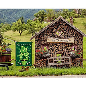 CAVLA Happy St. Patrick's Day Garden Flag Shamrock Leprechaun Hat Decorative Irish Yard Flags Double Sided 12 x 18 Inch Saint Patrick's Day Lucky Day Outdoor Garden Lawn Farmhouse Decorations