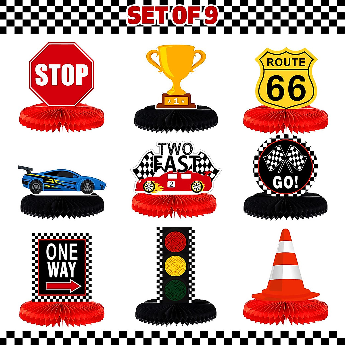 LINGTEER Race Car Two Fast Birthday Table Honeycomb Centerpieces - 9Pcs Let's Go Racing Happy 2nd Birthday Party Table Decorations Sign.