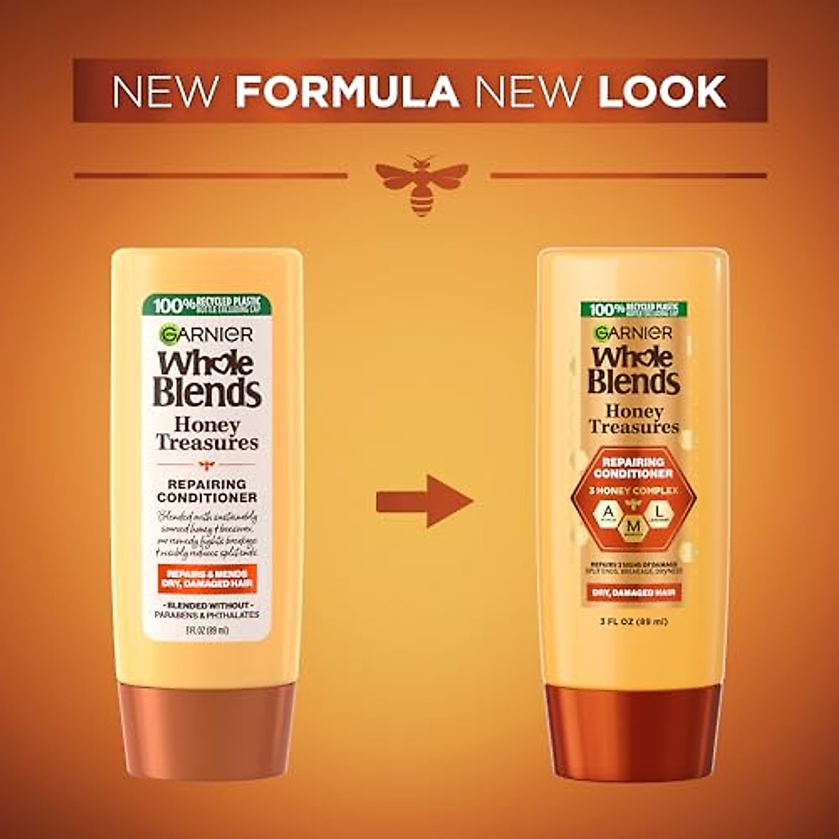 Garnier Whole Blends Honey Treasures Repairing Conditioner, for Dry, Damaged Hair, 3 Fl Oz (Travel Size), 1 Count (Packaging May Vary)