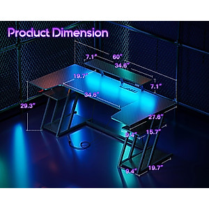 MOTPK Gaming Desk with LED Lights, 60 Inch U Shaped Desk with Power Outlet, Gaming Computer Desk with Storage Shelves, PC Gaming Table with Monitor Stand&Headphone Hook, Carbon Fiber Texture, Black
