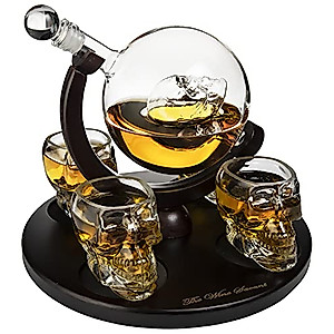 Skull King Skeleton Wine & Whiskey Globe Decanter Set 850 mL With 4 Skull Head 3oz Skeletons Shot Glasses + Mahogany Wooden Base Decor Glass, Goth Spooky Drinking Glassware The Wine Savant