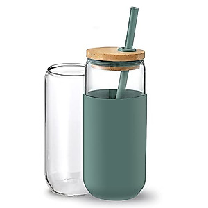20oz Glass Water Tumbler with Silicone Protective Sleeve - Beer Can Shaped Glass Cups with Straw and Bamboo Lid, Iced Coffee Glasses, Cute Drinking Glasses for Water, Smoothie, Gift - Cambridge Blue