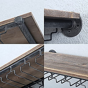 Industrial Pipe Shelving Hanging Stemware Racks,Rustic Wall Mounted Wine Rack with 8 Glass Holder,36in Steampunk Iron Floating Bar Shelves,Metal Real Wood Shelf Wall Shelf Stemware Holder