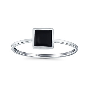 Blue Apple Co. Simulated Black Onyx Size-8 Solitaire Fashion Petite Dainty Ring Princess Cut Square Solid Rhodium 925 Sterling Silver