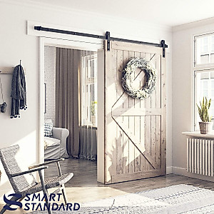 8ft Heavy Duty Sliding Barn Door Hardware Kit(J Shape) + Barn Door Bottom Adjustable Floor Guide Roller + 12" Pull and Flush Barn Door Handle + Barn Door Large Size Latch Lock