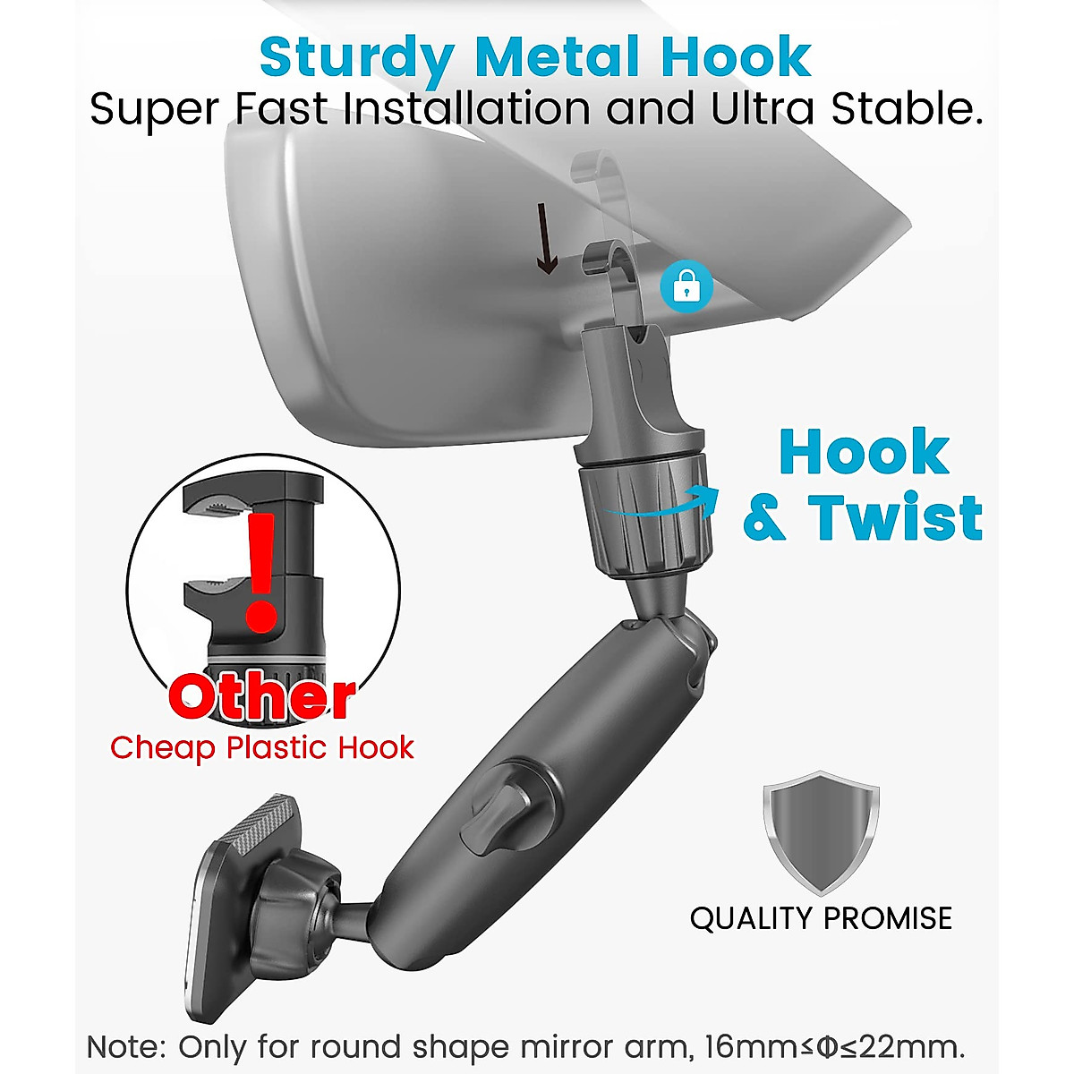 APPS2Car Magnetic Phone Car Mount Rear View Mirror Phone Holder for Car Long Arm Low Profile Strong Magnets Adjustable Angles & Heights for All Cell Phones, iPhone Fits 16-22mm Round Mirror Neck