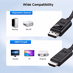 Cable Matters 8K DisplayPort 1.4 to HDMI 2.1 Cable - 6ft / 1.8m, with 4K 240Hz / 8K 60Hz, Unidirectional Display Port to HDMI 2.1 Cable, Supports RTX4080, RX7900, Not Work with PS5, Black
