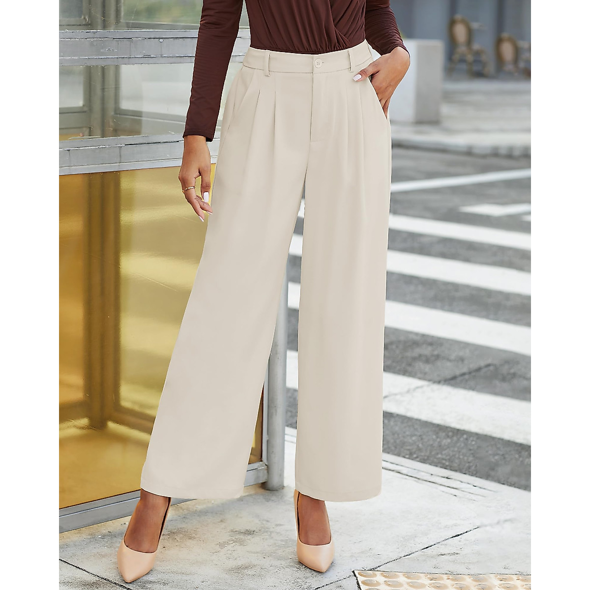 GRAPENT Fall Women's Stretchy Work Pants - White High Waisted Palazzo Slacks - Size 8, 10