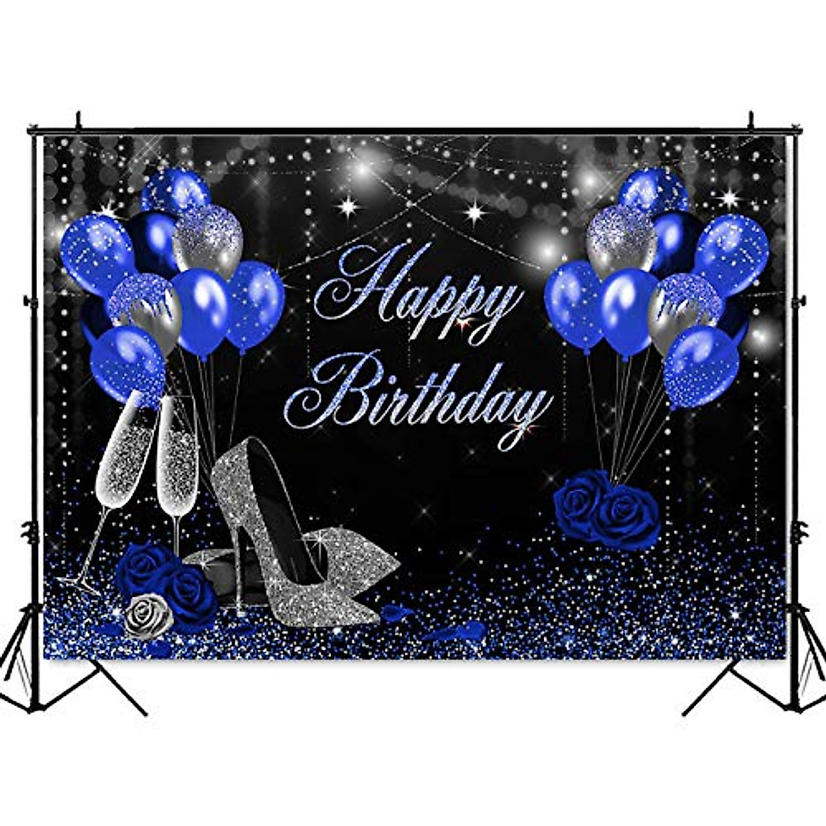 Mocsicka Blue and Birthday Backdrop for Women Silver High Heels and Blue Balloons Birthday Party Decoration for Girl Blue Rose Happy Birthday Party Banner Supplies (7x5ft (82x60 inch))