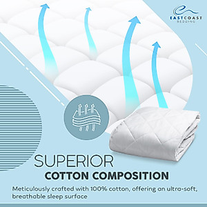 East Coast Queen Size Fitted Mattress Pad Protector - Breathable Quilted Soft Cotton Mattress Pad Cover Bedding Topper Protection, Moisture Resistant, 300 Thread Ct 18 Inch Deep Machine Washable