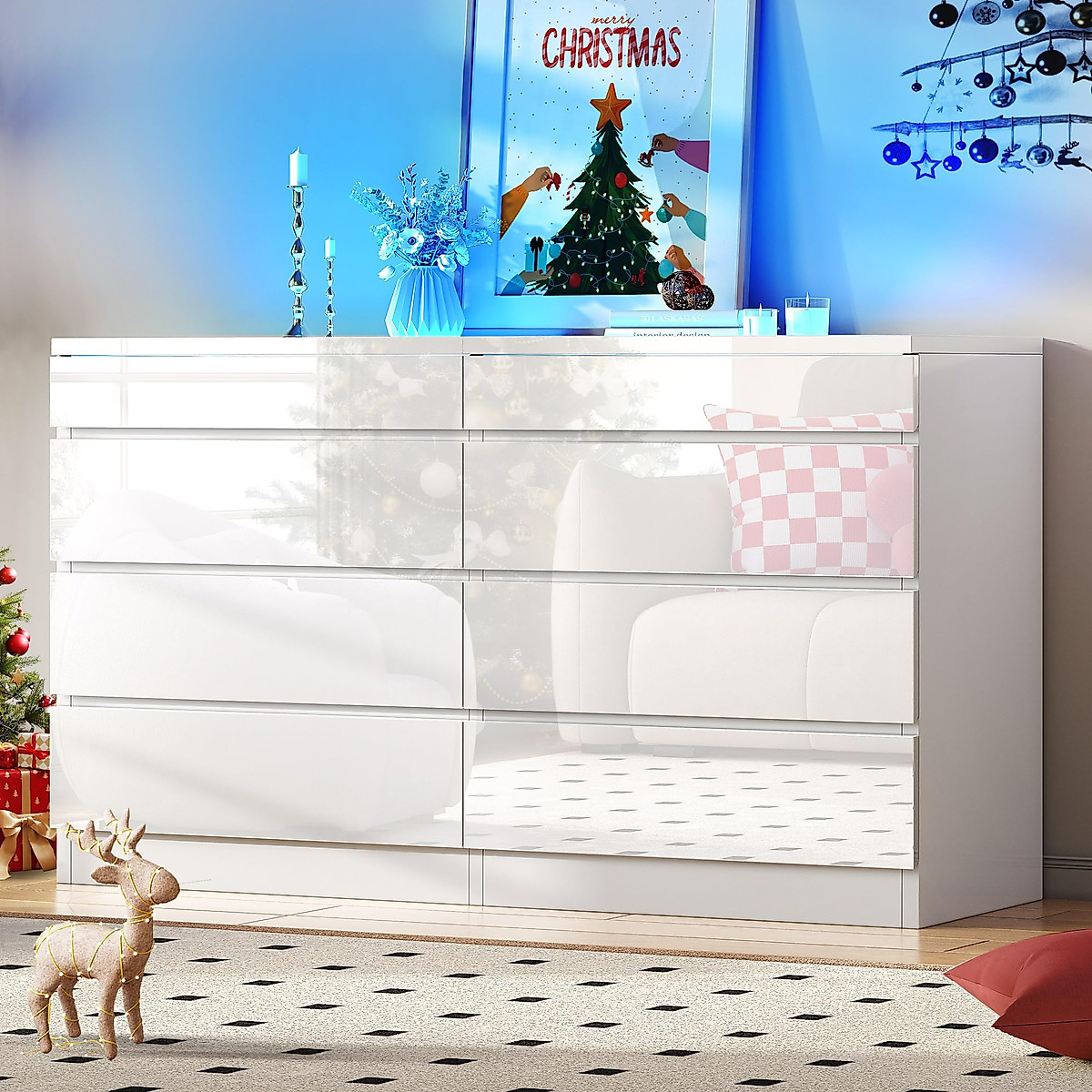 DWVO 8 Drawer Dresser with LED, White Dresser, Modern 8 Chest of Drawers with Deep Drawers Glass Top High Gloss Surface, Storage Organizer Cabinet for Living Room
