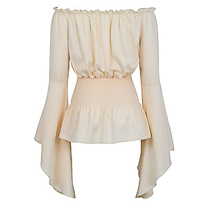 Womens Victorian Long Sleeve Boho Blouse Top Plus Size Renaissance Shirt Gothic Ruffle Pirate Skirt Cosplay Costumes Beige-M