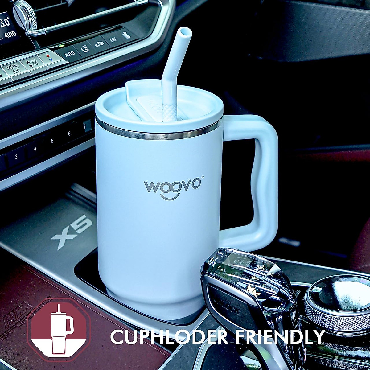 30 oz Water Cup with Straw and Lid, Insulated Water Bottle with Handle, BPA Free Reusable Double Wall Stainless Steel Tumbler Cup for Adults, Light Blue