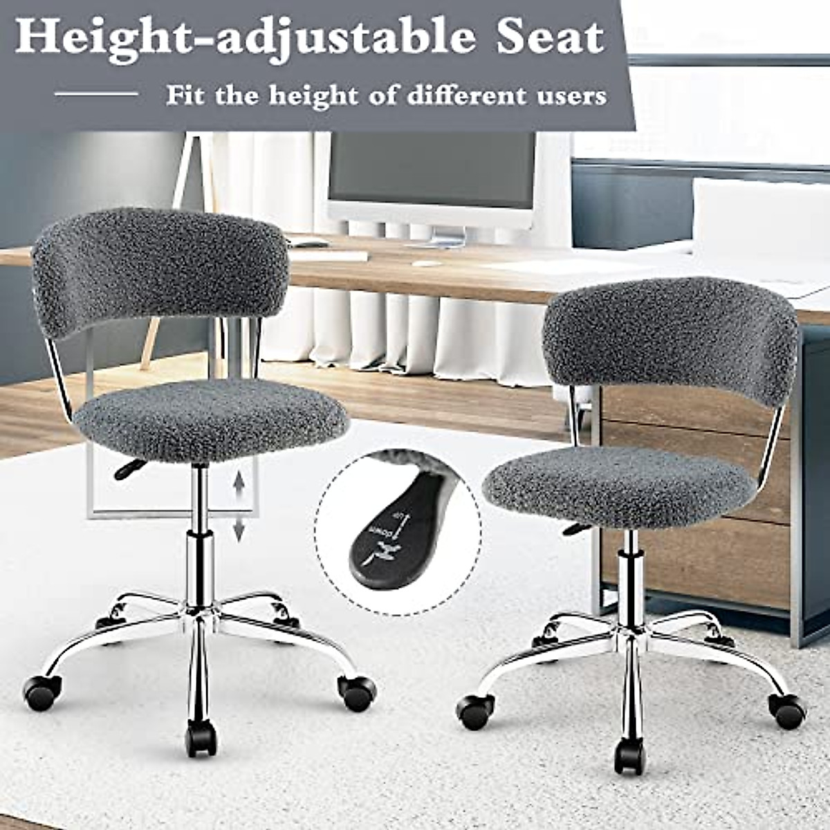 Giantex Home Office Chair, Faux Fur Low Back Swivel Leisure Chair w/Height Adjustable Padded Seat, Rolling Armless Vanity Chair w/Galvanized Steel Frame for Bedroom Study Guest Room, Gray