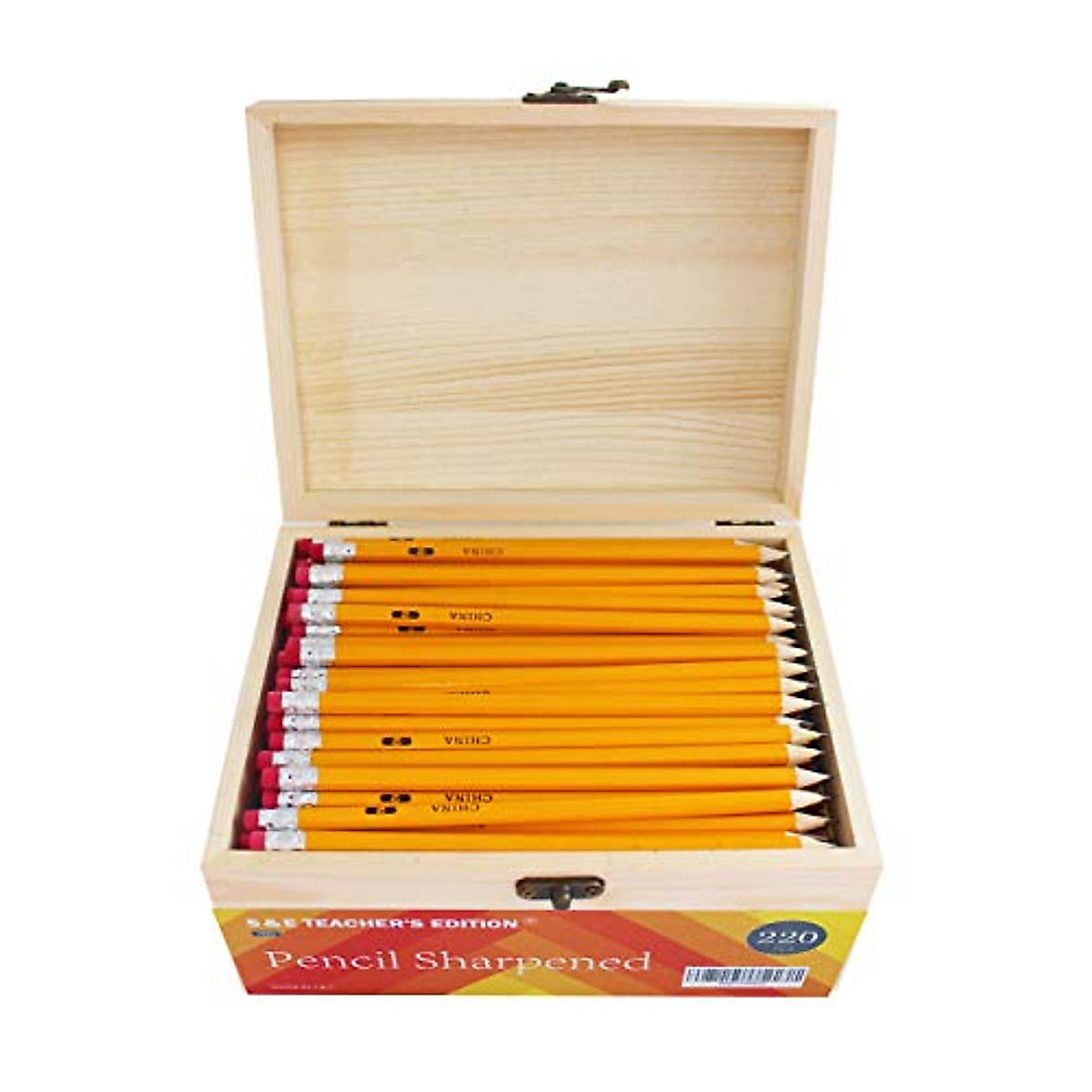 S & E TEACHER'S EDITION Pre-sharpened pencils 220Pcs, Pencils Sharpened with eraser top, 2 HB pencil, Come with The Wooden Box Worth $8.99, 220/Box.