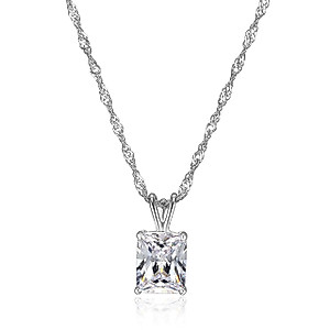 MORGAN & PAIGE CZ Diamond Emerald Cut Necklace - 925 Platinum Plated Sterling Silver Necklace With 3/8" Emerald Cut Cubic Zirconia Pendant - 18"