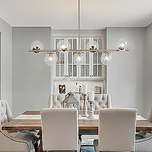 KCO Lighting Modern 7-Light Brushed Nickel Metal Large Chandelier Nordic Clear Glass Globe Farmhouse Pendant Light Silver Minimalist Adjustable Kitchen Island Hanging Ceiling Lights