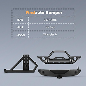 FINDAUTO Rront Bumper and Rear Bumper w/Tire Carrier Compatible for 2007-2018 for Jeep Wrangler JK with D-ring Winch Plate