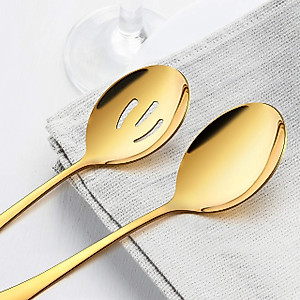 LIANYU 8 Pack Gold Serving Spoons, Gold Slotted Serving Spoons, 8 3/4 Inch Stainless Steel Serving Utensils Spoon Set for Banquet Catering Buffet Dinner Restaurant Party