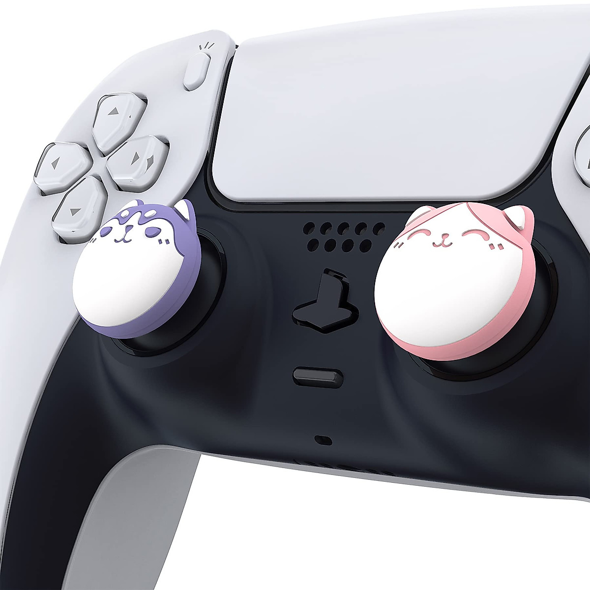 PlayVital Husky & Kitty Cute Thumb Grip Caps for PS5/4 Controller, Silicone Analog Stick Caps Cover for Xbox Series X/S, Thumbstick Caps for Switch Pro Controller - Pale Red & Light Violet