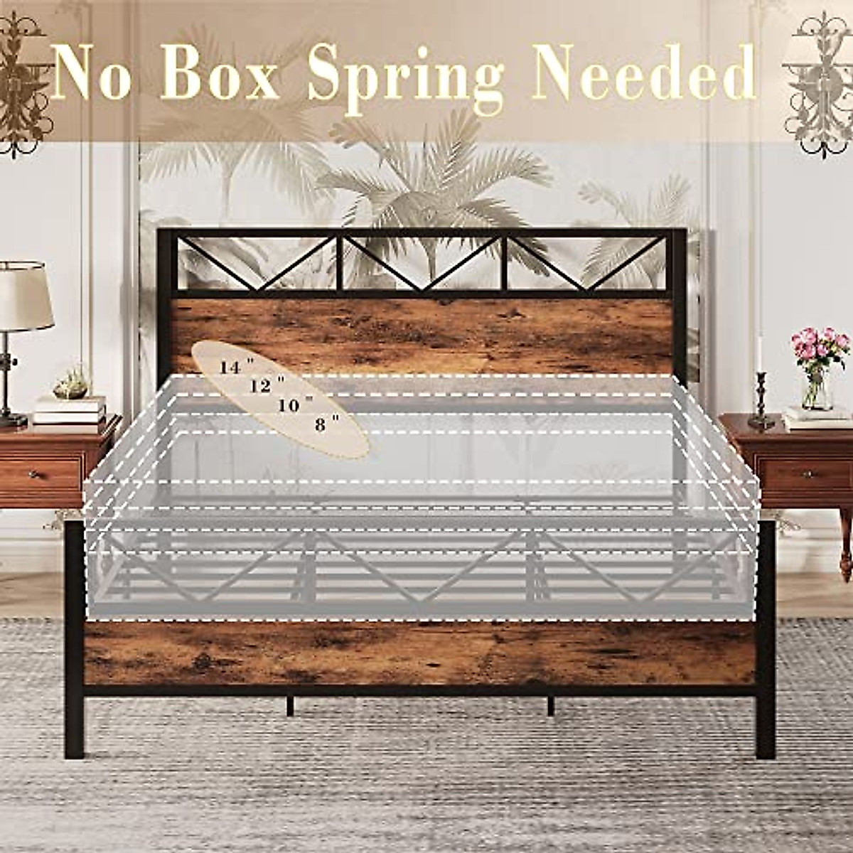 LIKIMIO King Bed Frame, Tall Industrial Headboard 51.2", Platform Bed Frame King with Strong Metal Support, Solid and Stable, Noise Free, No Box Spring Needed, Easy Assembly