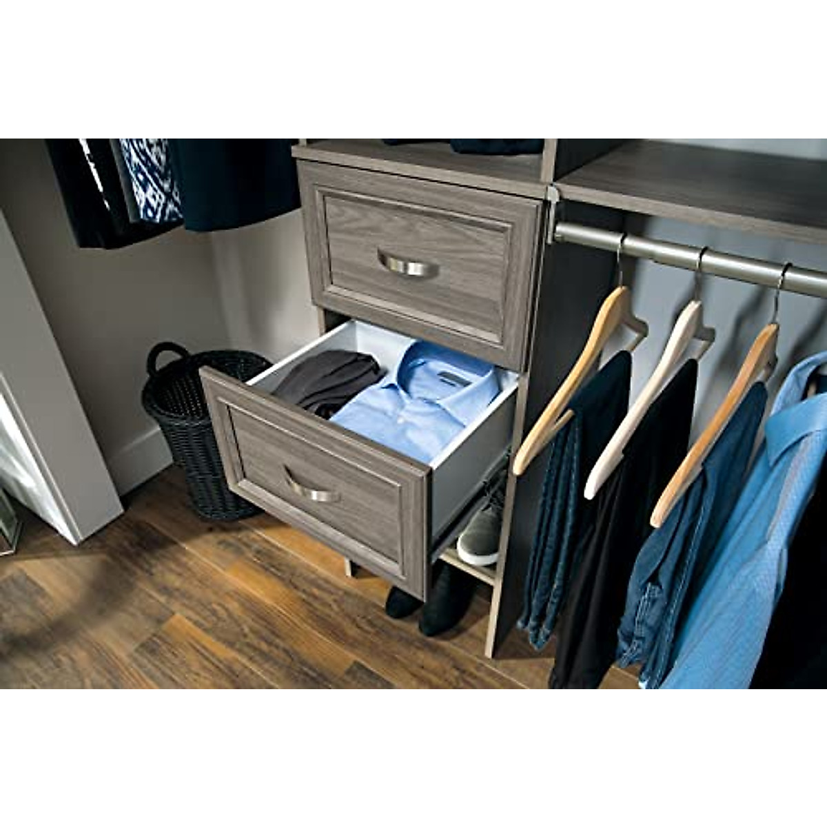 ClosetMaid SuiteSymphony Wood Drawer, Add On Accessory, Shaker Style, for Storage, Closet Clothes, x 10” Size for 16 in. Units, Graphite Grey/Satin Nickel