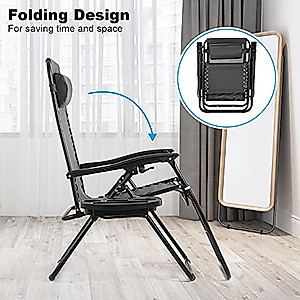 Dkeli Zero Gravity Chair, Adjustable Reclining Patio Chair with Cup Holder & Pillows Folding Lawn Chaise Outdoor Lounge Chair for Pool, Beach, Deck, Yard - Black Zero Gravity Lounge Chair