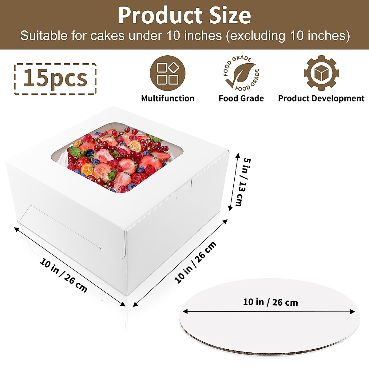 Moretoes 15 Sets Cake Boxes, 10x10x5 Inches Bakery Boxes with Cake Boards, Cake Boxes 10 Inch with Stickers Disposable Cake Containers with Lids for Valentine's Day Mother's Day Cheesecake, Cakes