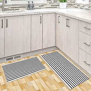 Breezsisan Black and White Kitchen Rugs, Striped Cotton Woven Bath Carpet 2 Piece 2'x3' + 2' x 4.3' Thin Outdoor Rugs Layering Front Doormat Modern Rugs for Porch Patio Entryway & Welcome Mat.