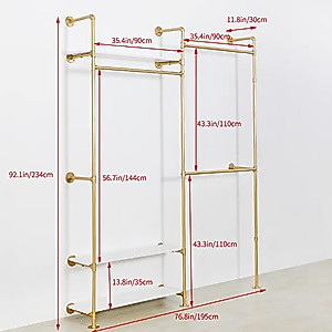 EDCB Modern Simple Industrial Pipe Clothing Rack Wall Mounted Hanging Rods Garment Bar with Shelves, Heavy Duty Garment Rack for Boutiques Retail Display (Glod, 92.1X76.8inch)