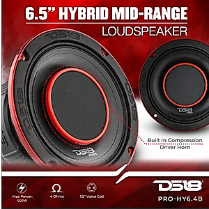 DS18 PRO-HY6.4B 6.5" Hybrid Mid-Range Car Audio Loudspeaker with 1" VC Built-in Compression Driver Horn and Water Resistant Cone 450W Max 225W RMS 4 Ohms (1 Speaker)