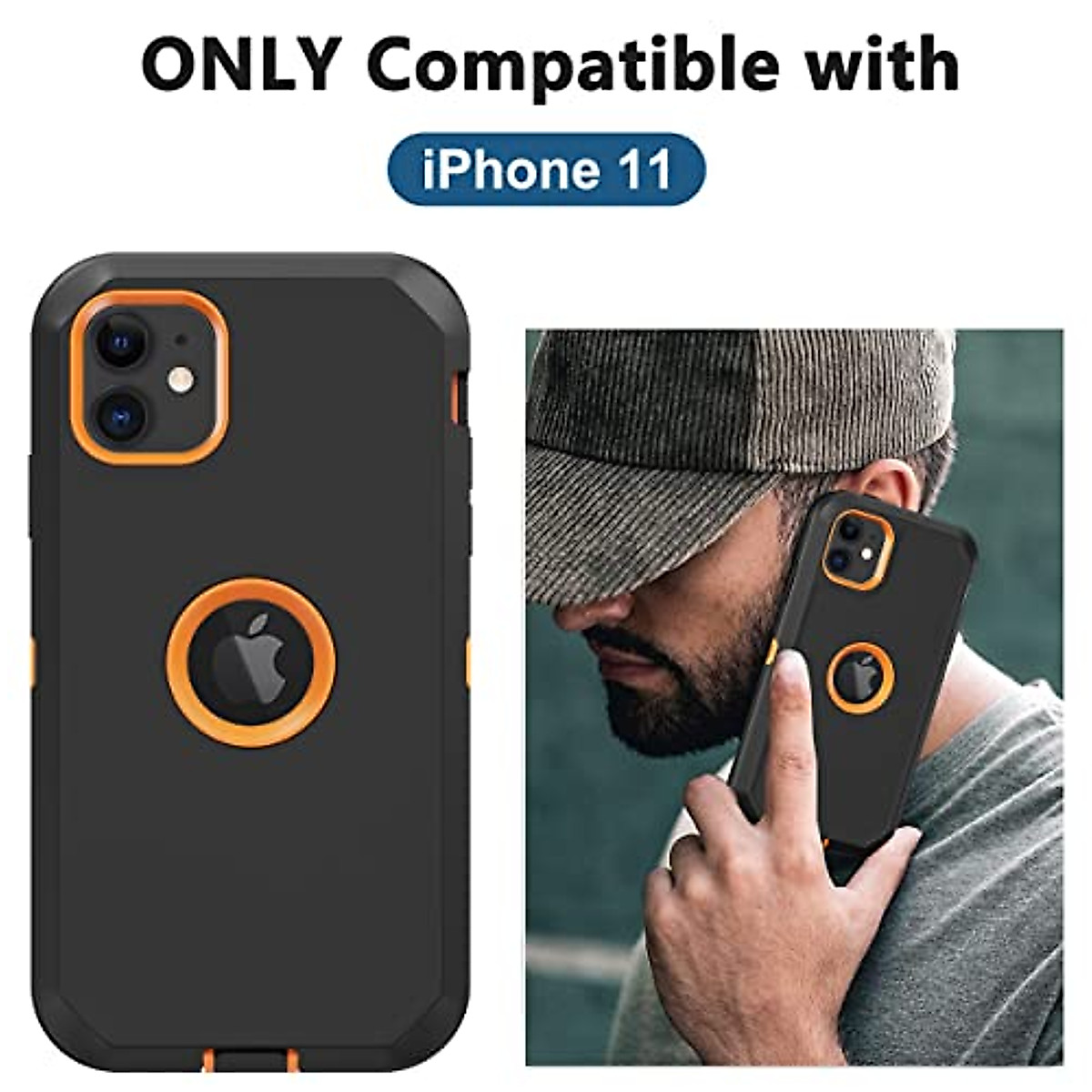 Aimoll-88 iPhone 11 Heavy Duty Case - Built-in Screen Protector, Shockproof & Dust Proof, Rugged 3-Layer Protection, Black/Orange