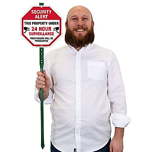 SmartSign 10" x 10" 'Security Alert Property Under 24 Hour Surveillance, Trespassers Prosecuted' Yard Sign with 3 ft Stake, 40 mil Laminated Aluminum, Red/Black/White, Set of 1, USA-Made