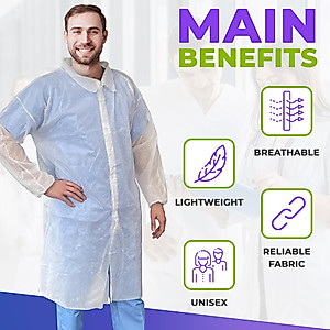AMZ Medical Supply White Disposable Lab Coat, M. 35 GSM Polypropylene Fabric Medical PPE Coat. Knee-Length Disposable Lab Coats for Adults with Elastic Wrists, Loop Fasteners, No Pockets