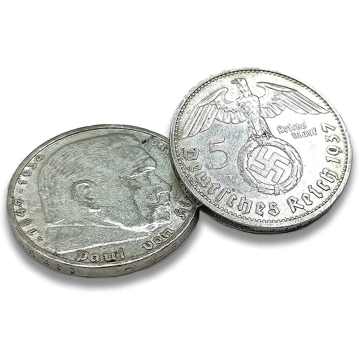 Authentic WW2 Memorabilia World Currency - One Nazi Coin of 5 German Marks Issued from 1936 to 1939 from The World War 2 - Third Reich