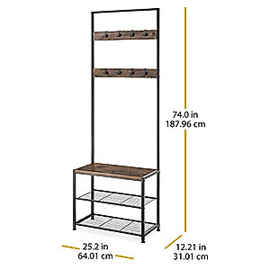 Whitmor Modern Industrial Entryway Coat Rack Hall Tree w/Shoe Storage, Rustic Brown