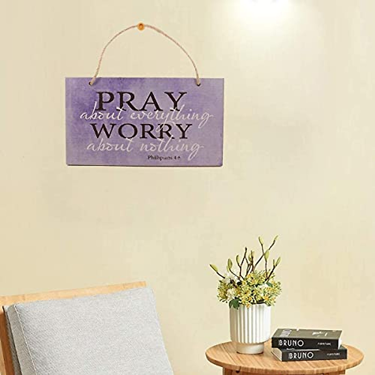 Ergonflow Pray About Everything Wooden Sign Decor 9.5" by 5.75" Decorative Signs Inspirational Sign, Wood Hanging Sign with Rope