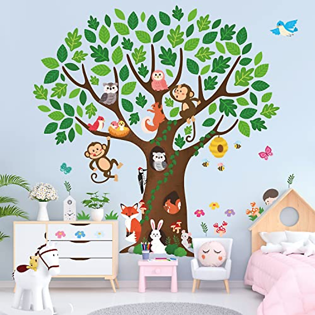 DECOWALL SG-2211 Giant Tree Wall Stickers Decals Kids Room Nursery Peel and Stick Removable Bedroom Living Monkey Bird décor