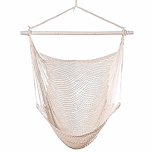 HBlife Hammock Chair Max 330 LBS Hanging Chair with Portable Metal Rod Handwoven Cotton Rope Hammock Swing for Bedroom Beige, Small
